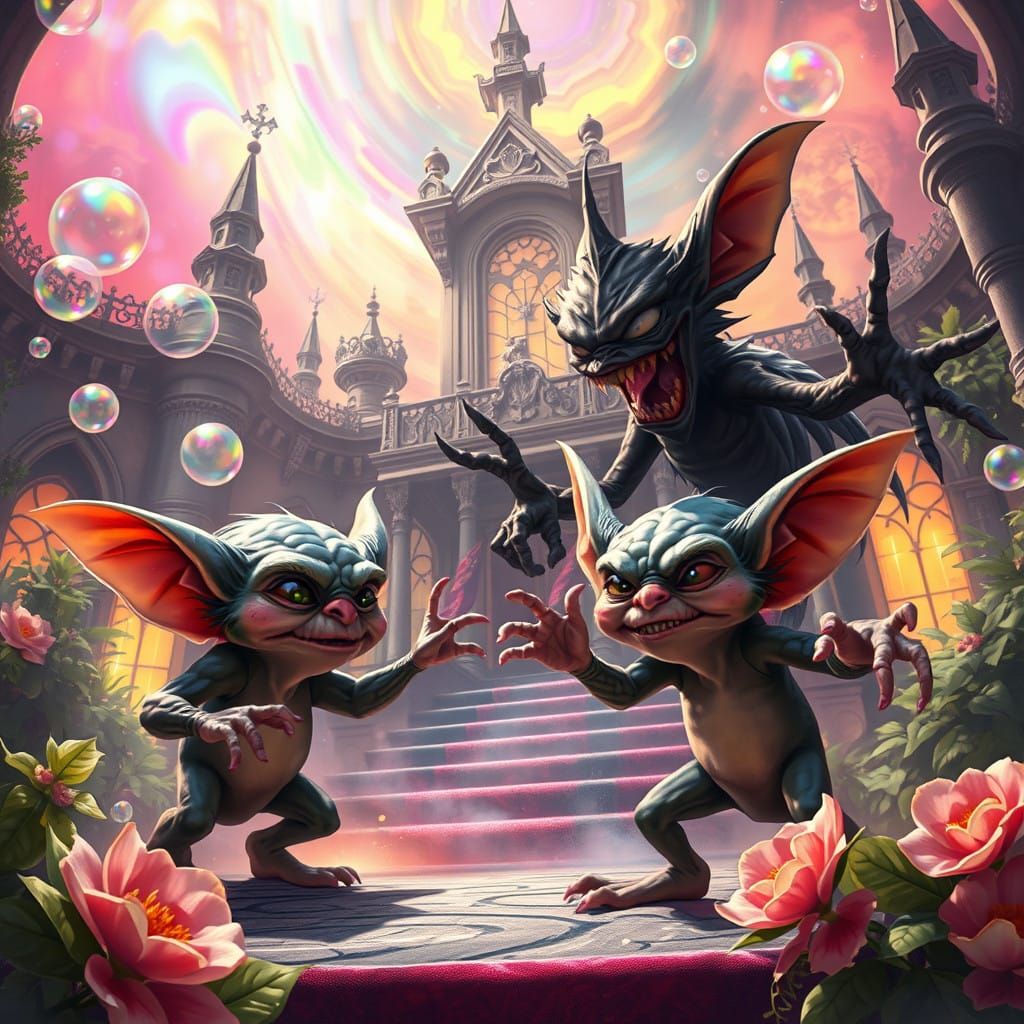 Surrealistic Gremlin Battle in Whimsical Mansion - AI Art