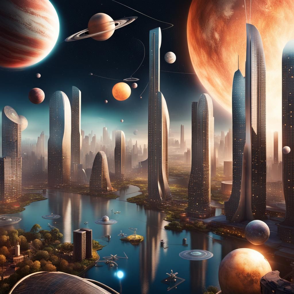 Photograph, A beautiful utopia with tall skyscrapers, mice mouse ...