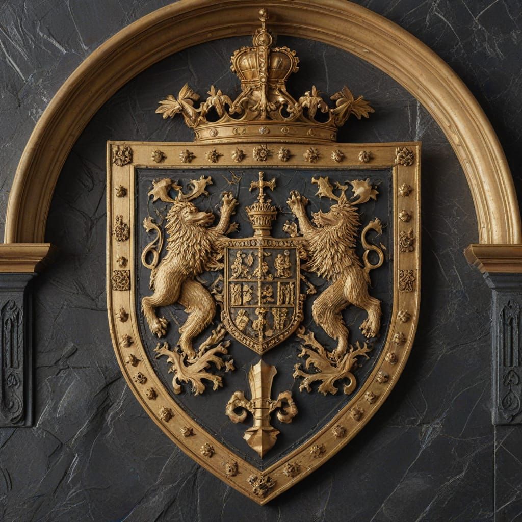 On the wall of a castle hangs a shield with the family's coat of arms ...