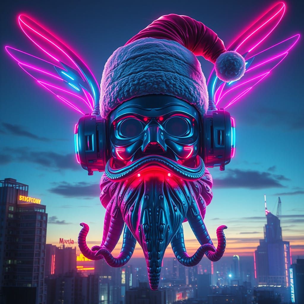 Glowing Mech Santa Head with Biomechanical Octopus... - AI Art