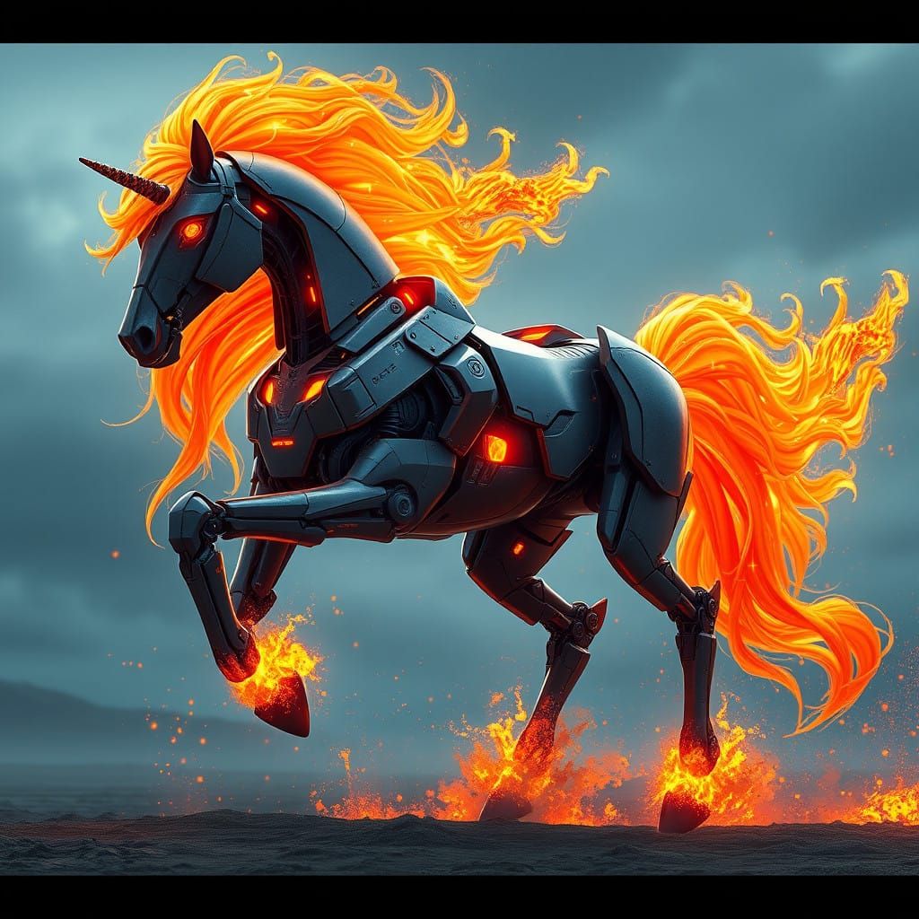 Cyberpunk Stallion Roars with Fiery Mane - AI Art