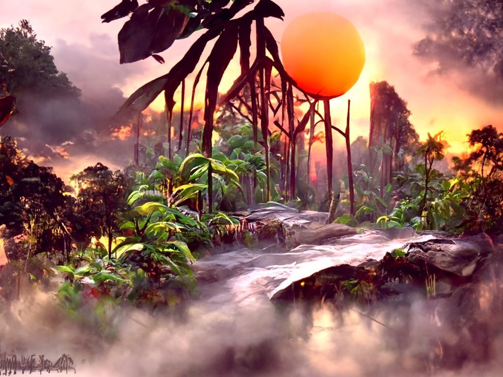 Rainforest with beautiful sunset detailed matte painting - AI Generated ...