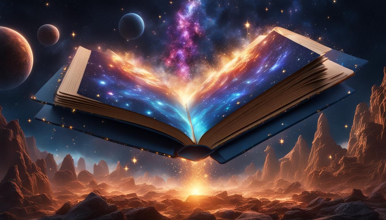 a large cosmic book with stars falling from it - AI Generated Artwork ...