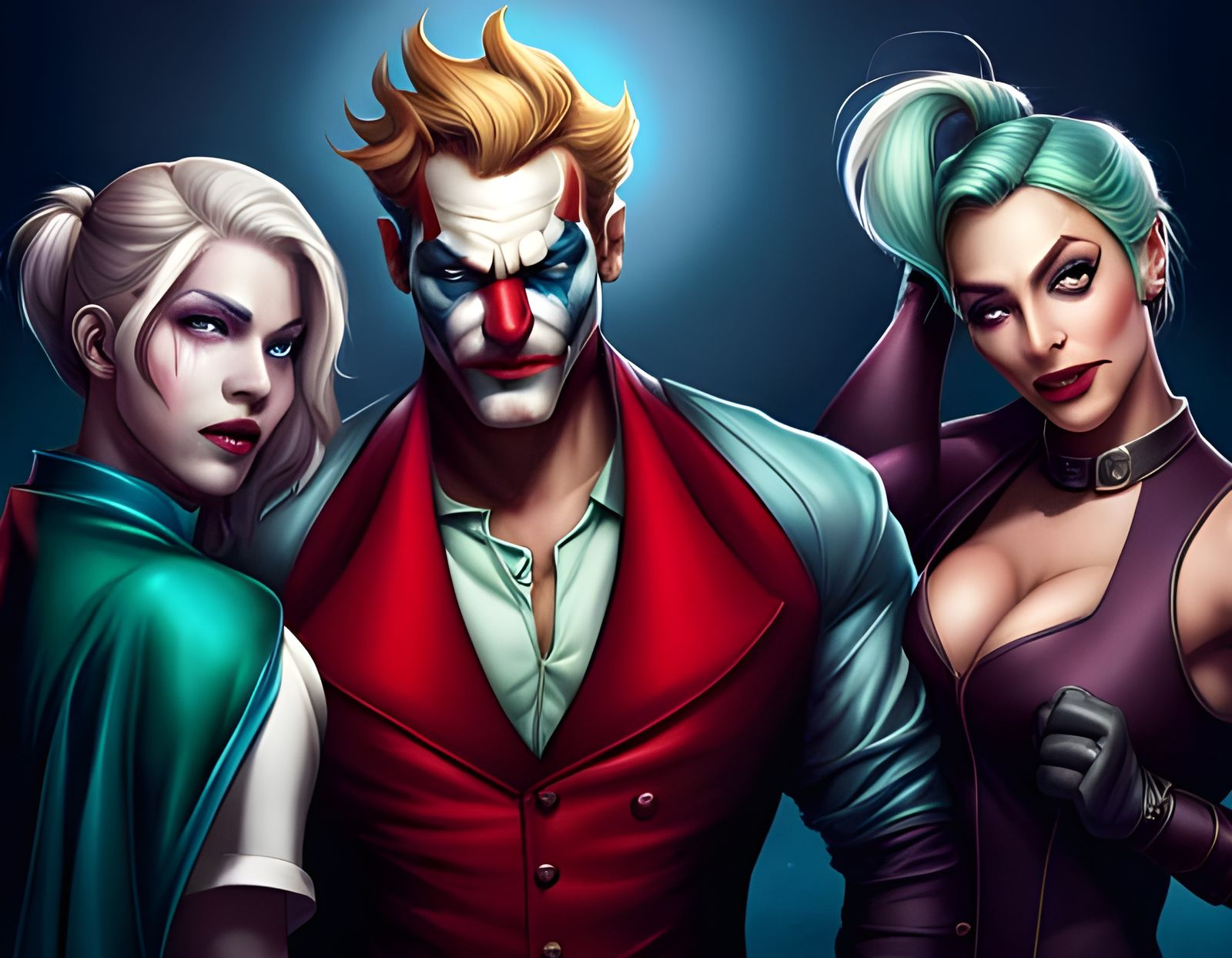 2 muscular clown Joker and 1 muscular Harley Quinn, digital art ...