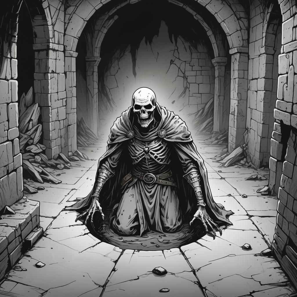 a sketch of one undead rising from a hole in the floor in a medieval ...