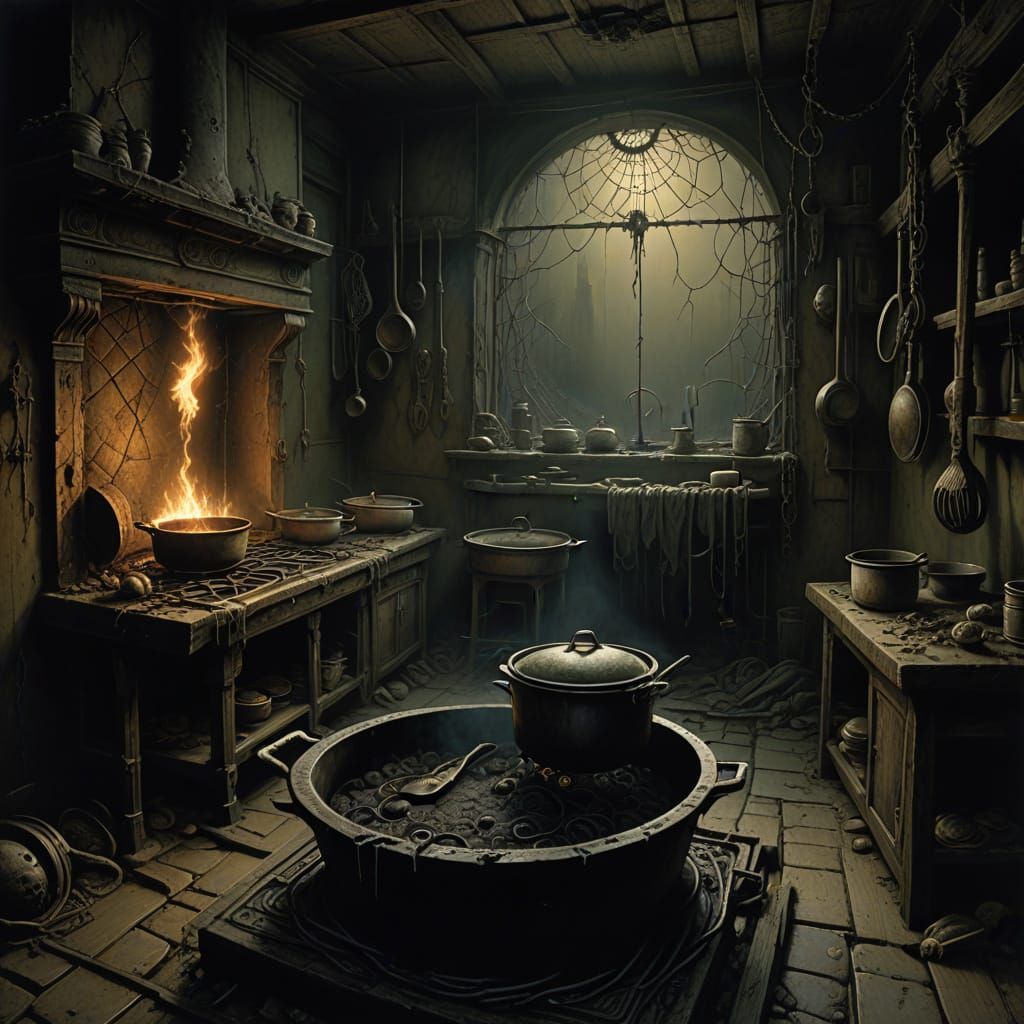 Dark Fantasy Dungeon Kitchen in a Haunting Atmosph... - AI Art