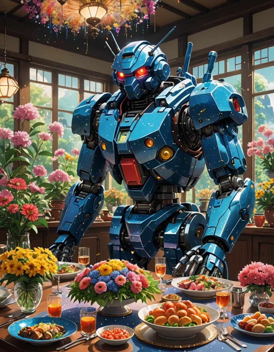 Blue mech at a dinner table - AI Generated Artwork - NightCafe Creator