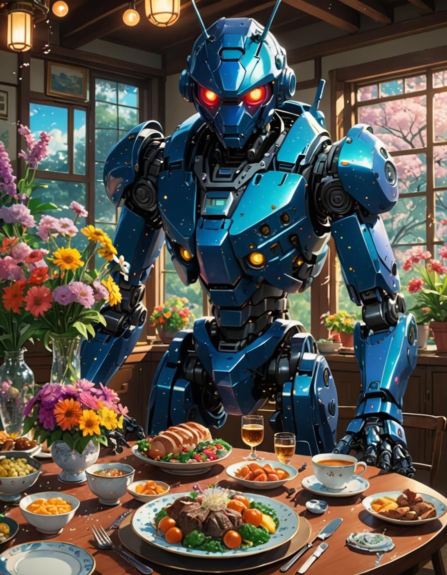 Blue mech at a dinner table - AI Generated Artwork - NightCafe Creator