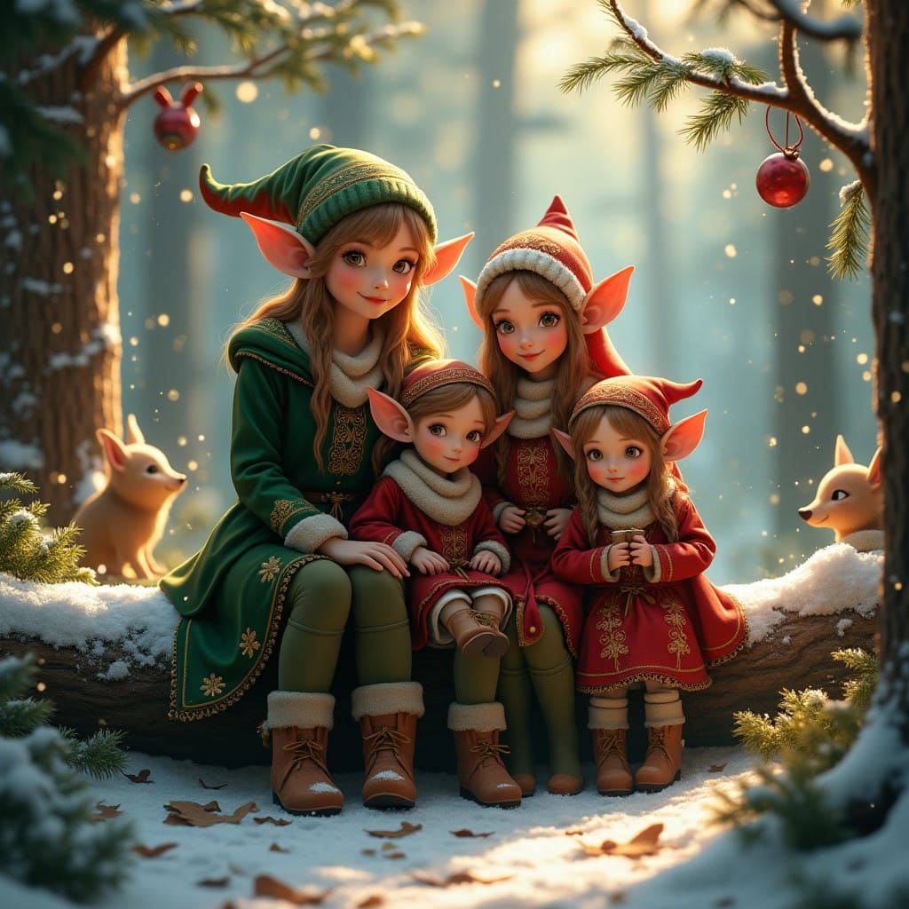Cozy Winter Wonderland Woodland Elf Family Portrai... - AI Art