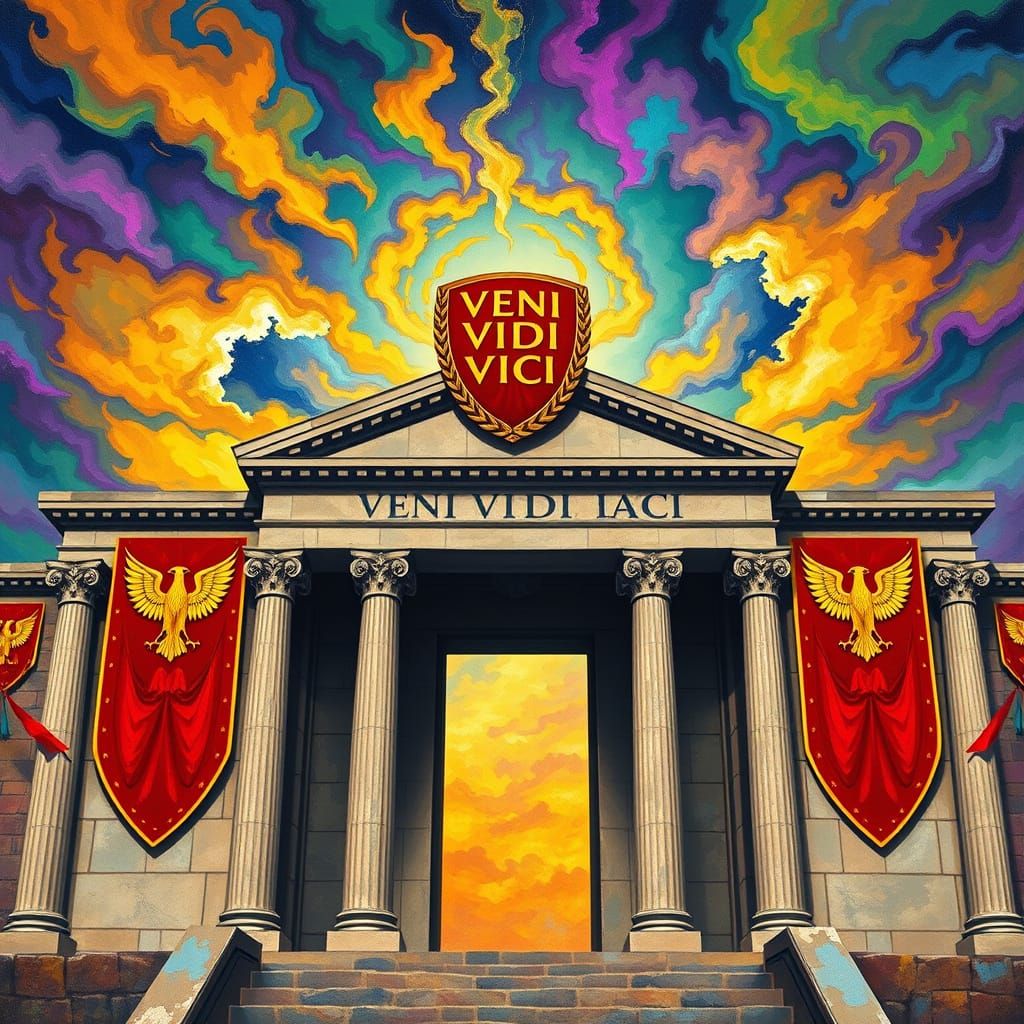 This image depicts the guarded grand entrance in ancient Rome, flanked ...