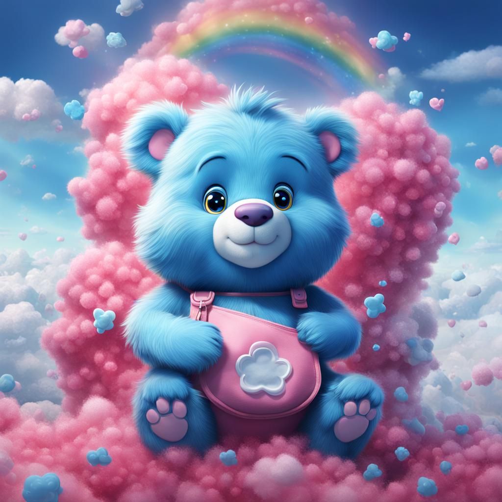 A blue Care Bear sitting in a cloud. He has a pouch that has another ...