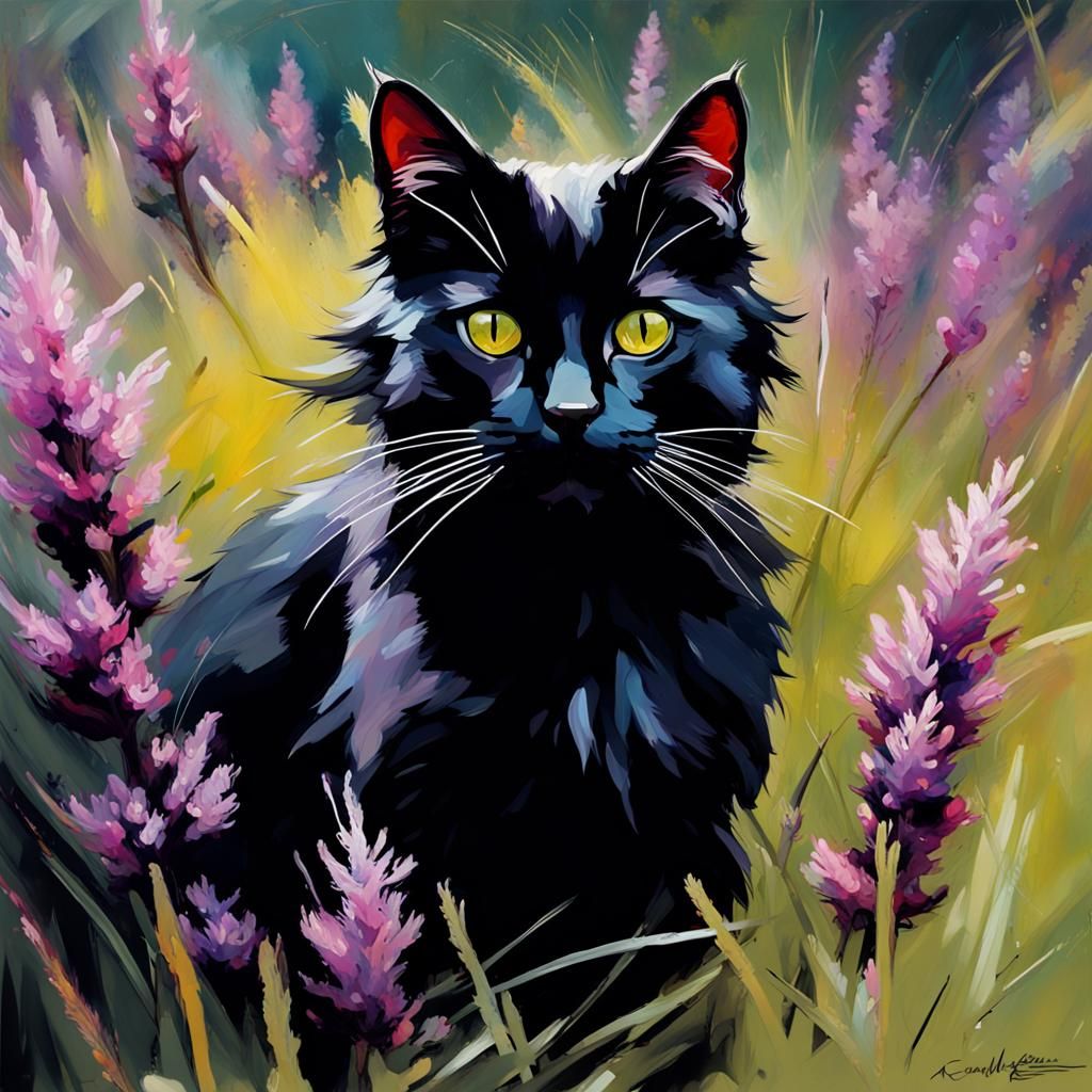 Chopin - Whimsical Black Cat on Heather in a Painterly Mast...