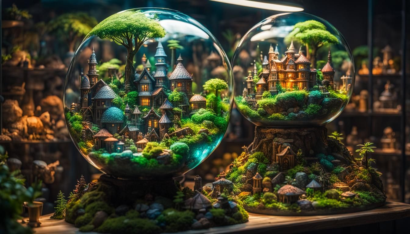 beautiful Terrariums inside a glass bustling fairy metropolis ...