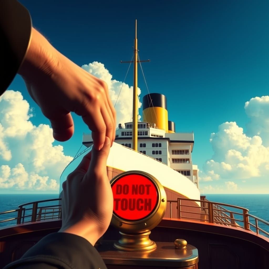 The Titanic ship showing a do not touch button in red bold lettering, that the captain presses ...
