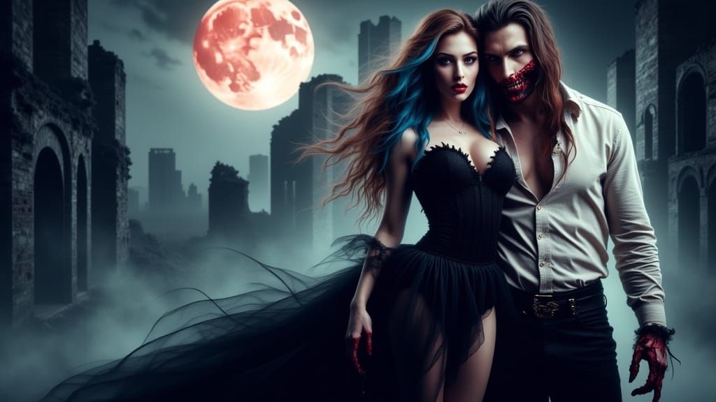 Vampires Under Blood Moon in Dark Sinister Style - AI Art