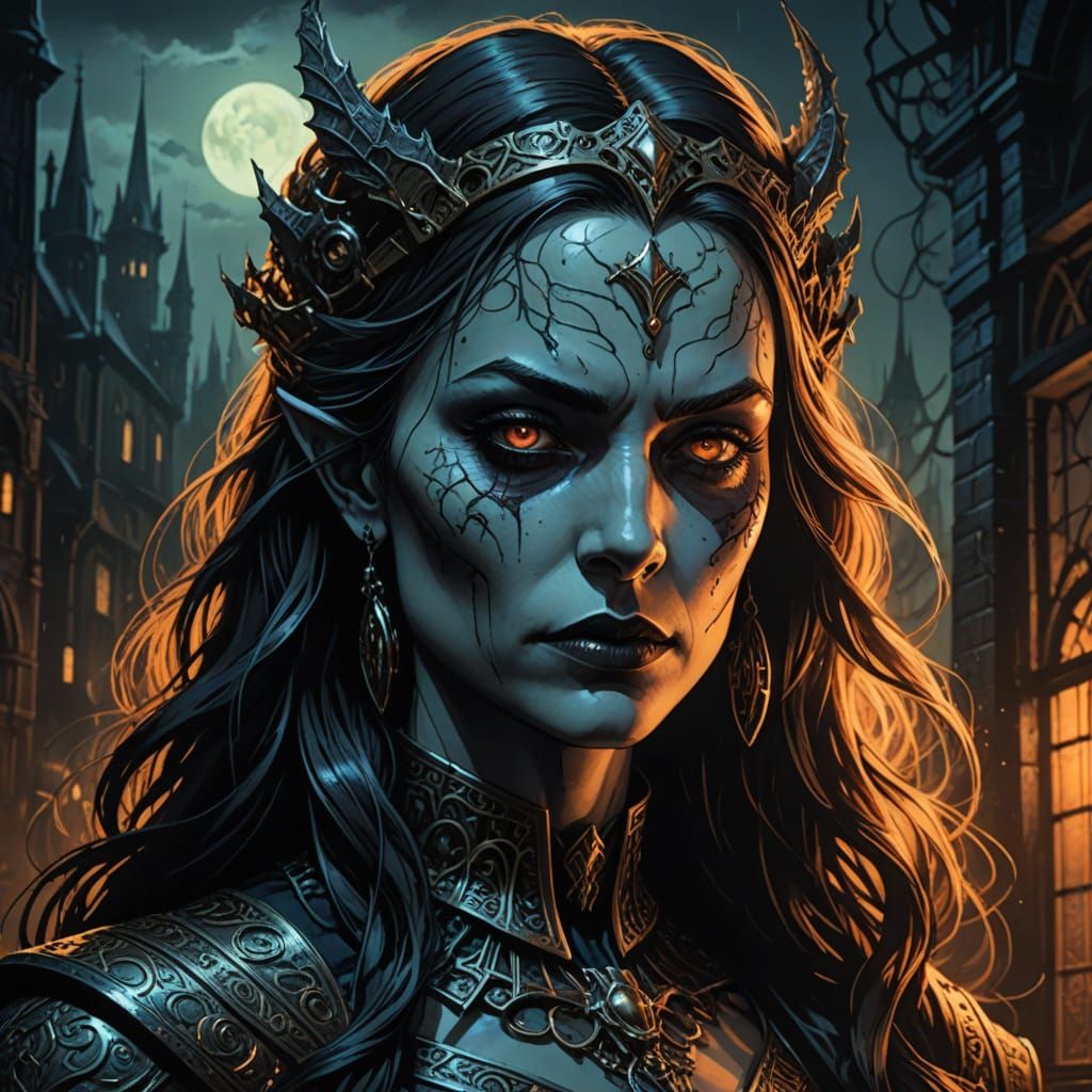 Cyber Gothic Vampire Queen in Neon-Lit Shadows - AI Art