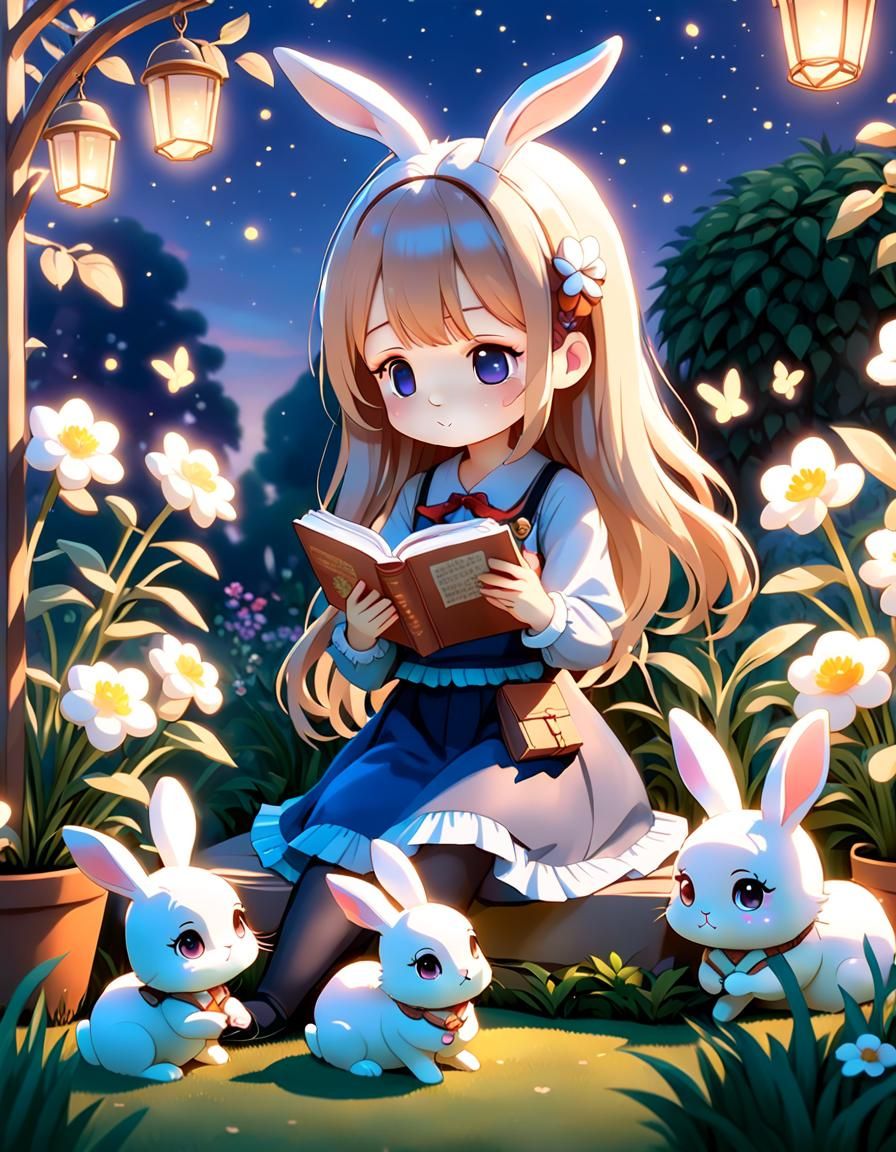 Chibi Girl reading a book surrounded by cute rabbit - AI Generated ...