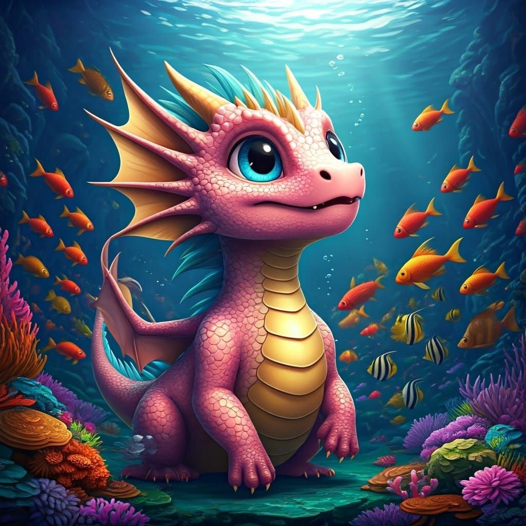 Curious Dragon - Chibi Underwater Dragon in Vibrant 3D