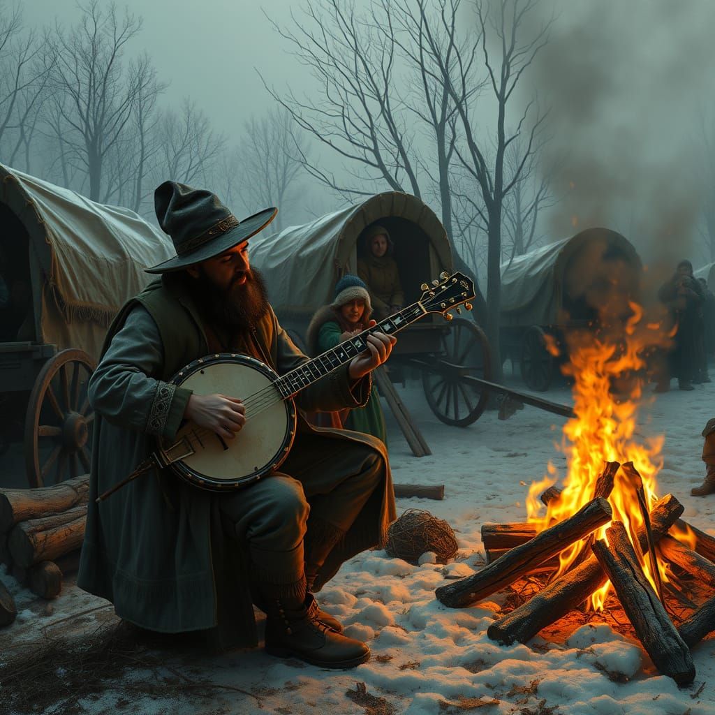 Winter Gypsy Camp Scene with Banjo Player - AI Art