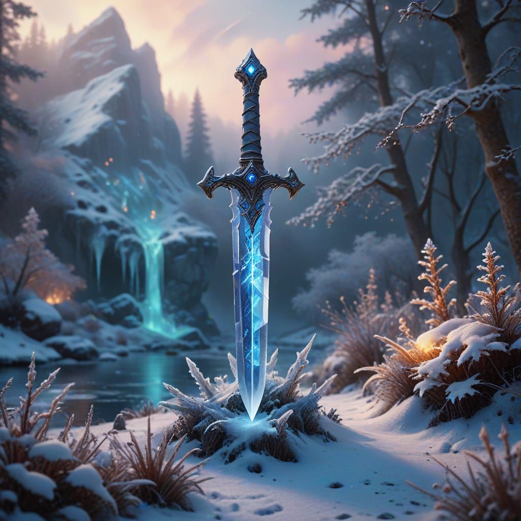 Ethereal Ice Sword in Snowy Landscape, Glowing wit... - AI Art