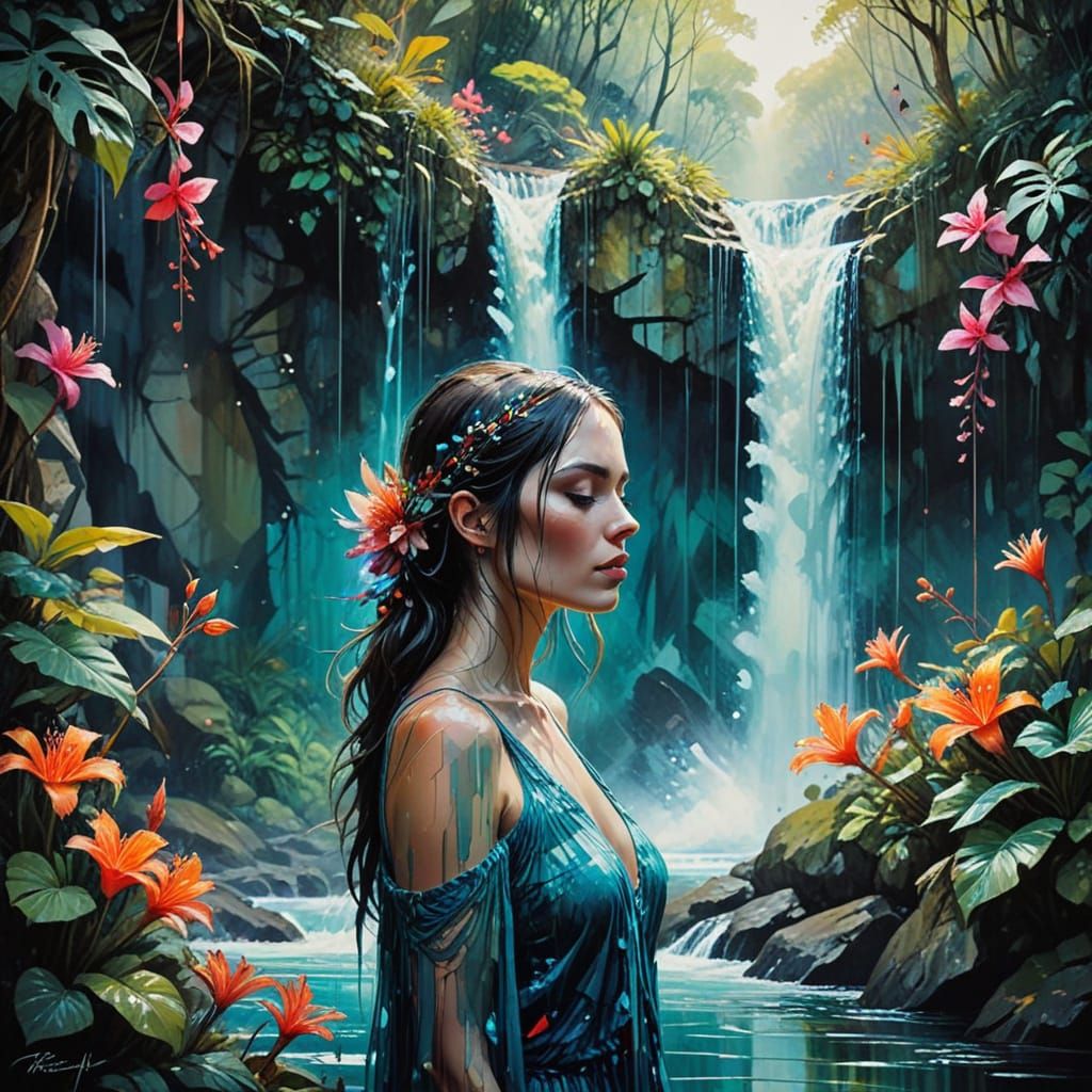Surreal Hawaiian Waterfall in Whimsical Cubist Sty... - AI Art