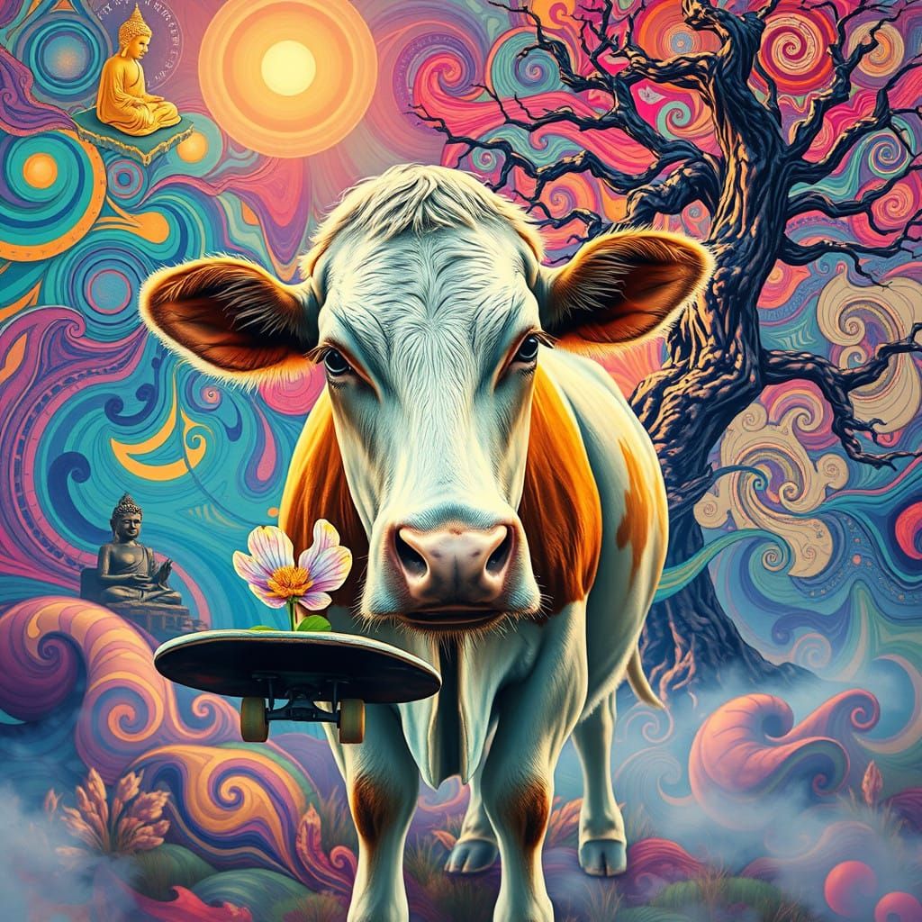 Surrealistic Cow in a Psychedelic Dreamscape, Lith... - AI Art
