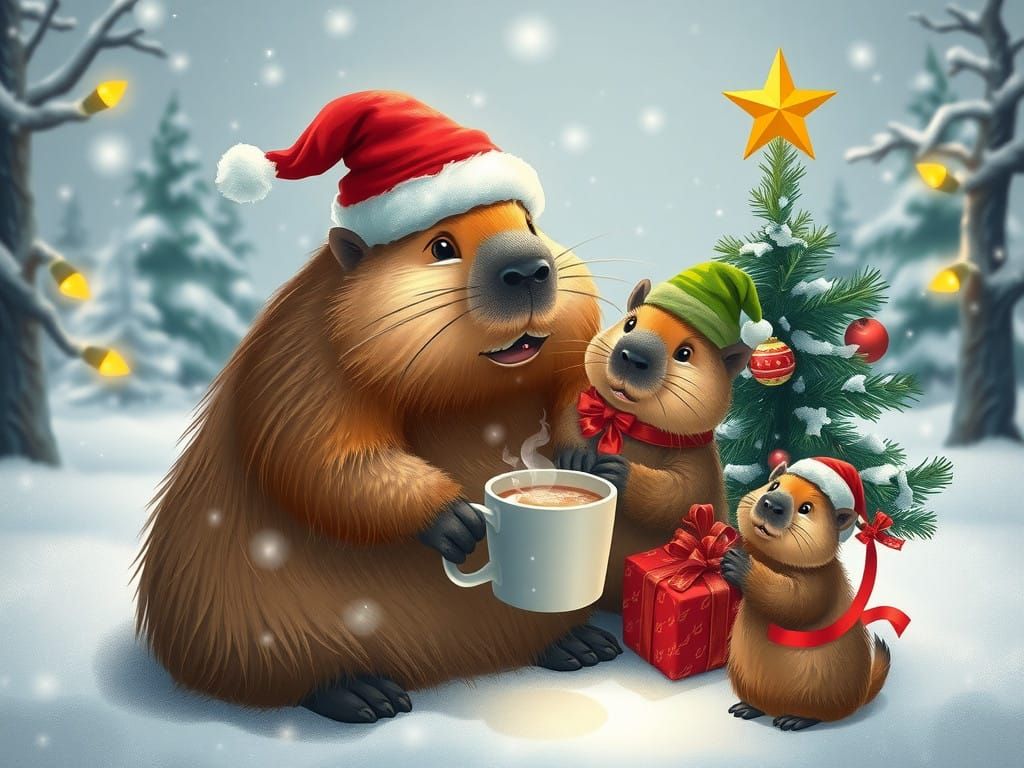 Capybaras in Winter Wonderland Celebrate Christmas - AI Art