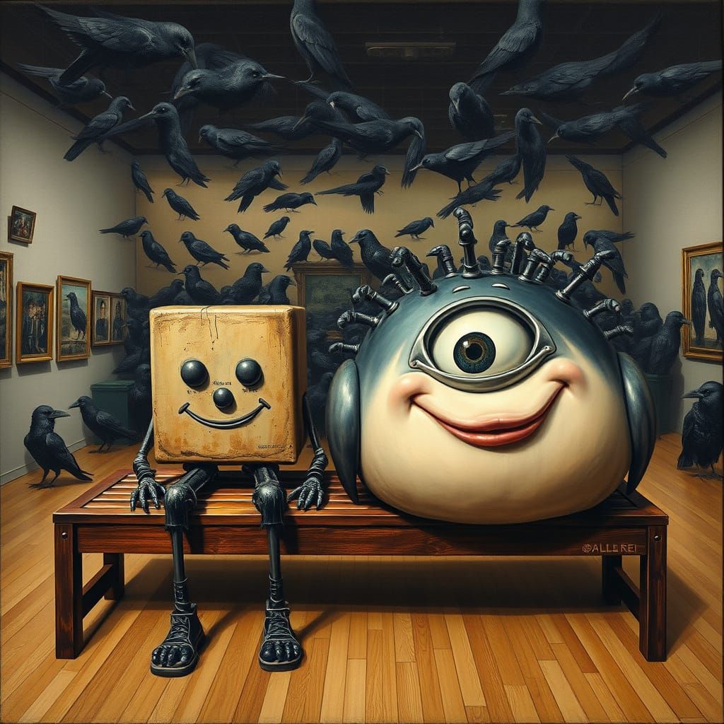 Dürer-Inspired Exhibition Scene with Punk Crows an... - AI Art