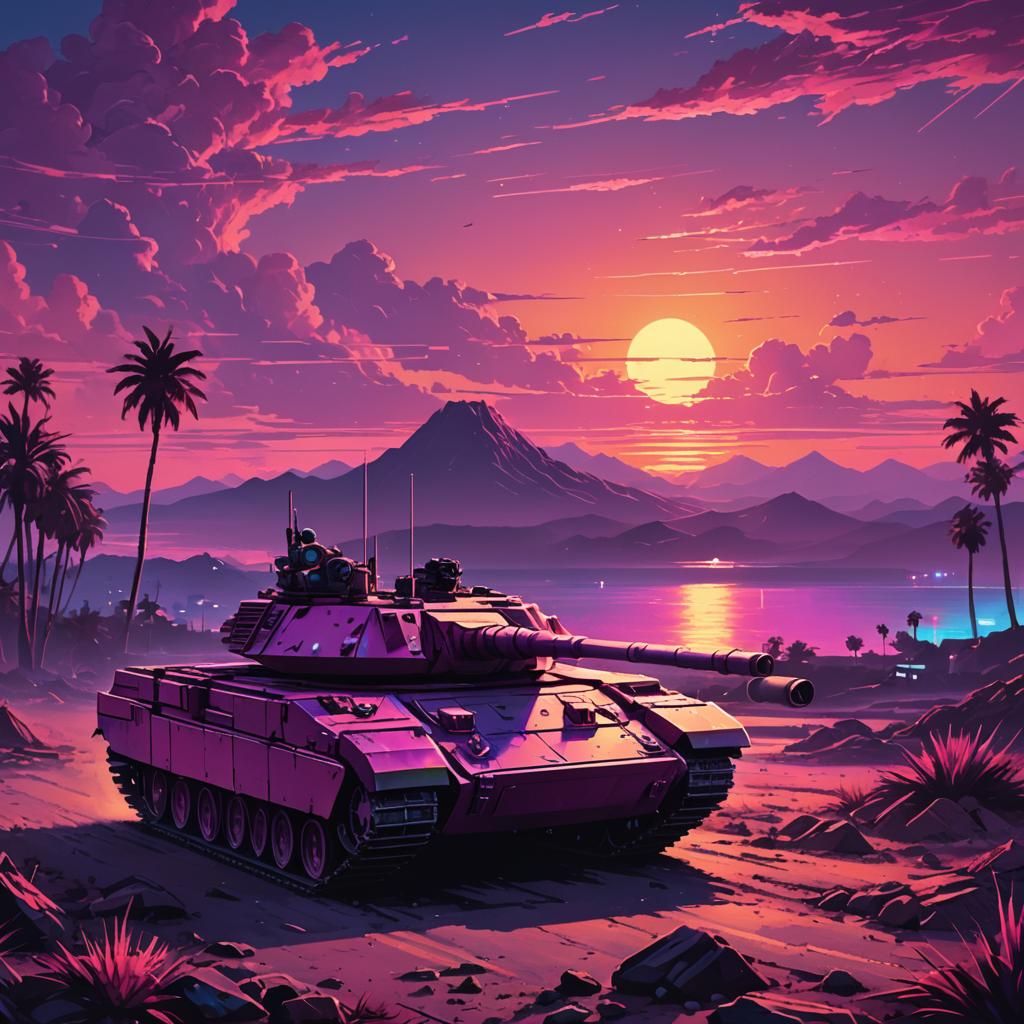 Synthwave Bradley Tank and sunset - AI Generated Artwork - NightCafe Creator