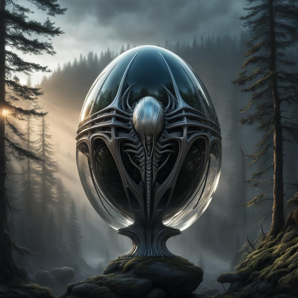 An alien egg, as envisioned by H.R. Giger, in the forest... - AI ...