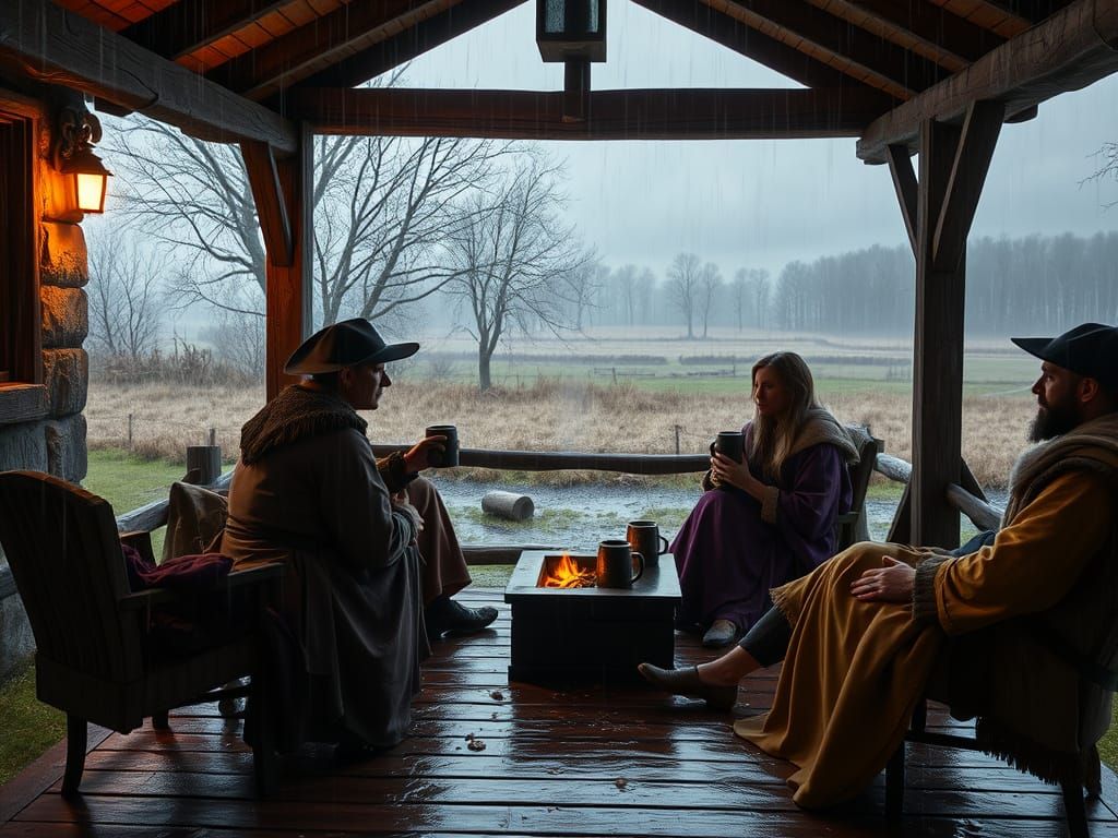 Cozy Medieval Gathering on a Rainy Porch - AI Art