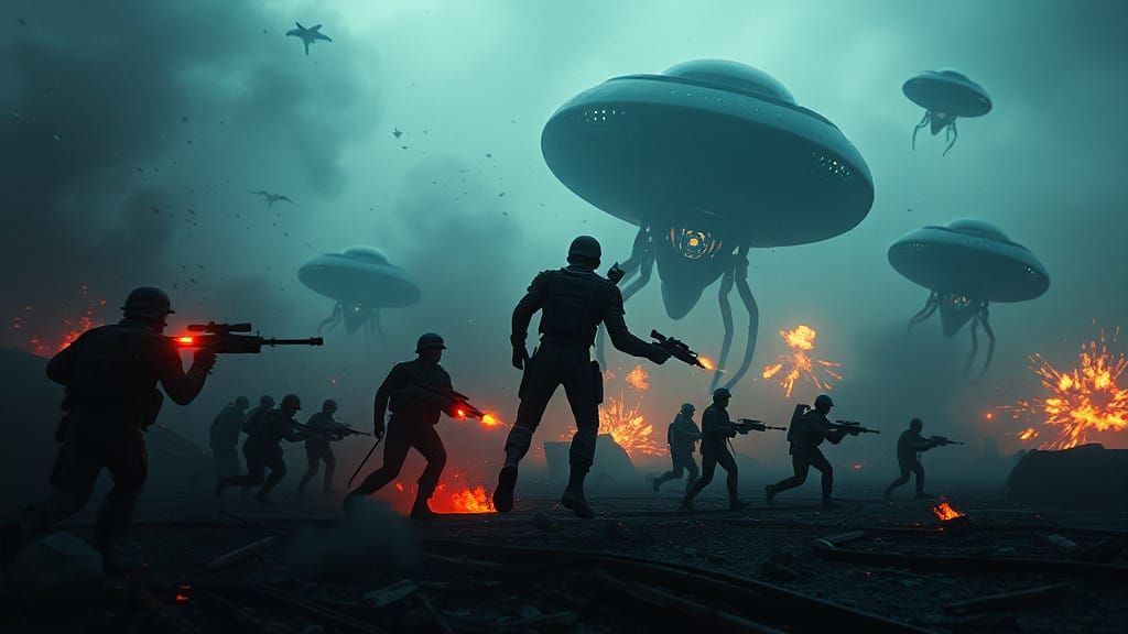 Alien Invasion Battle in Cyberpunk Cityscape - AI Art