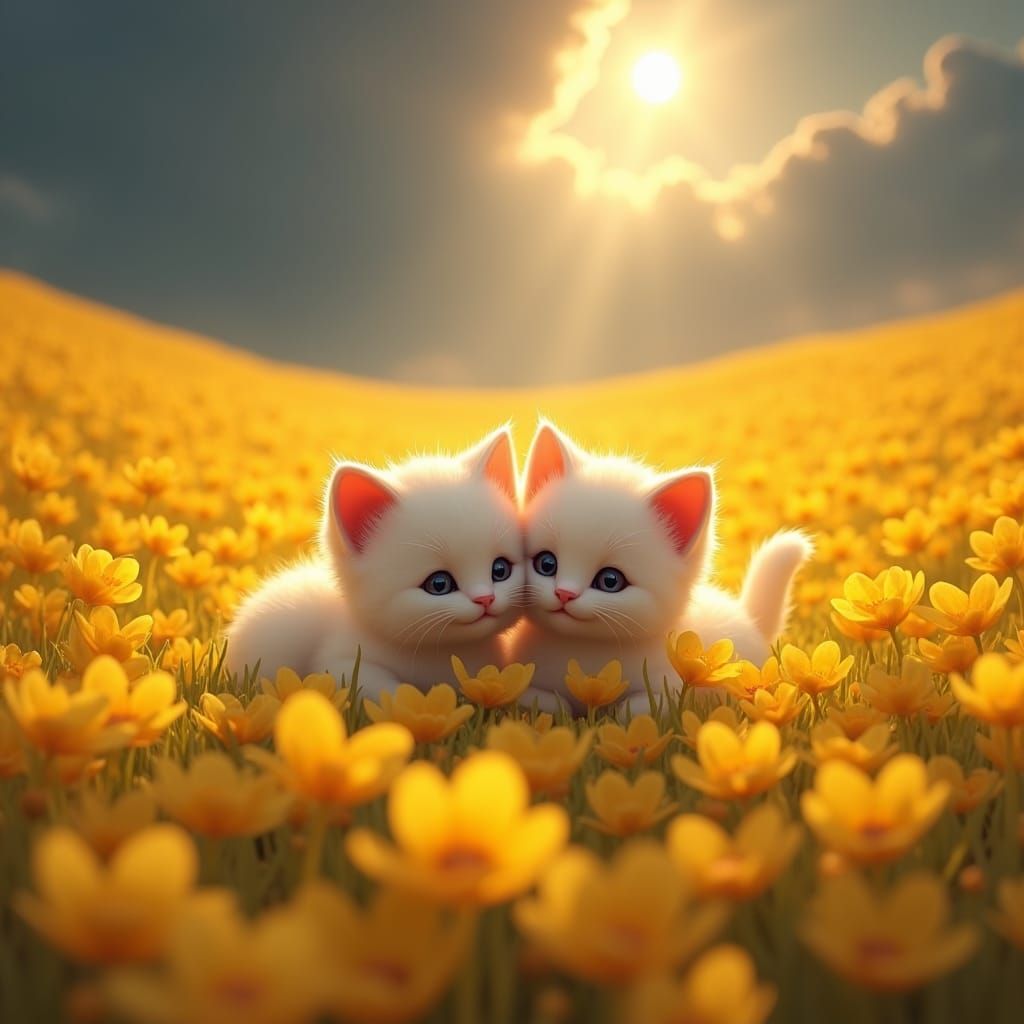 in a lush, vibrant open flower field of soft yellow blossoms under a ...