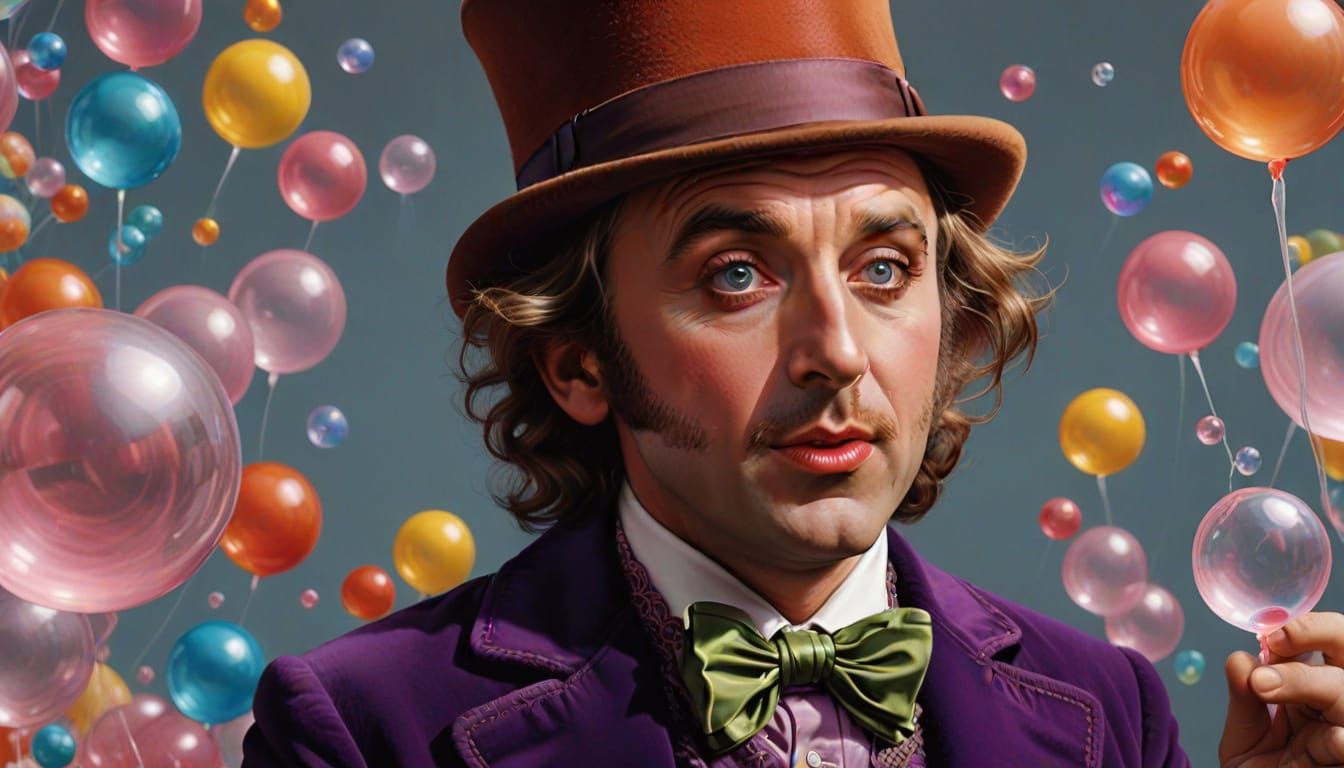 Willie Wonka Blows a Giant Bubblegum Bubble in Stu... - AI Art