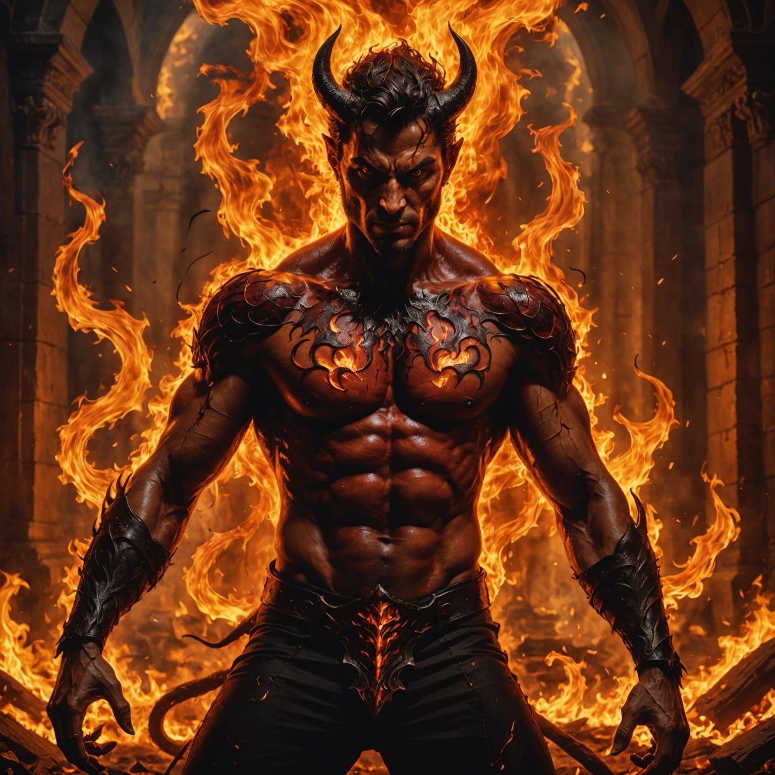 Demon 3 - Chiseled Devil Amidst Fiery Inferno in Dark Fantas...