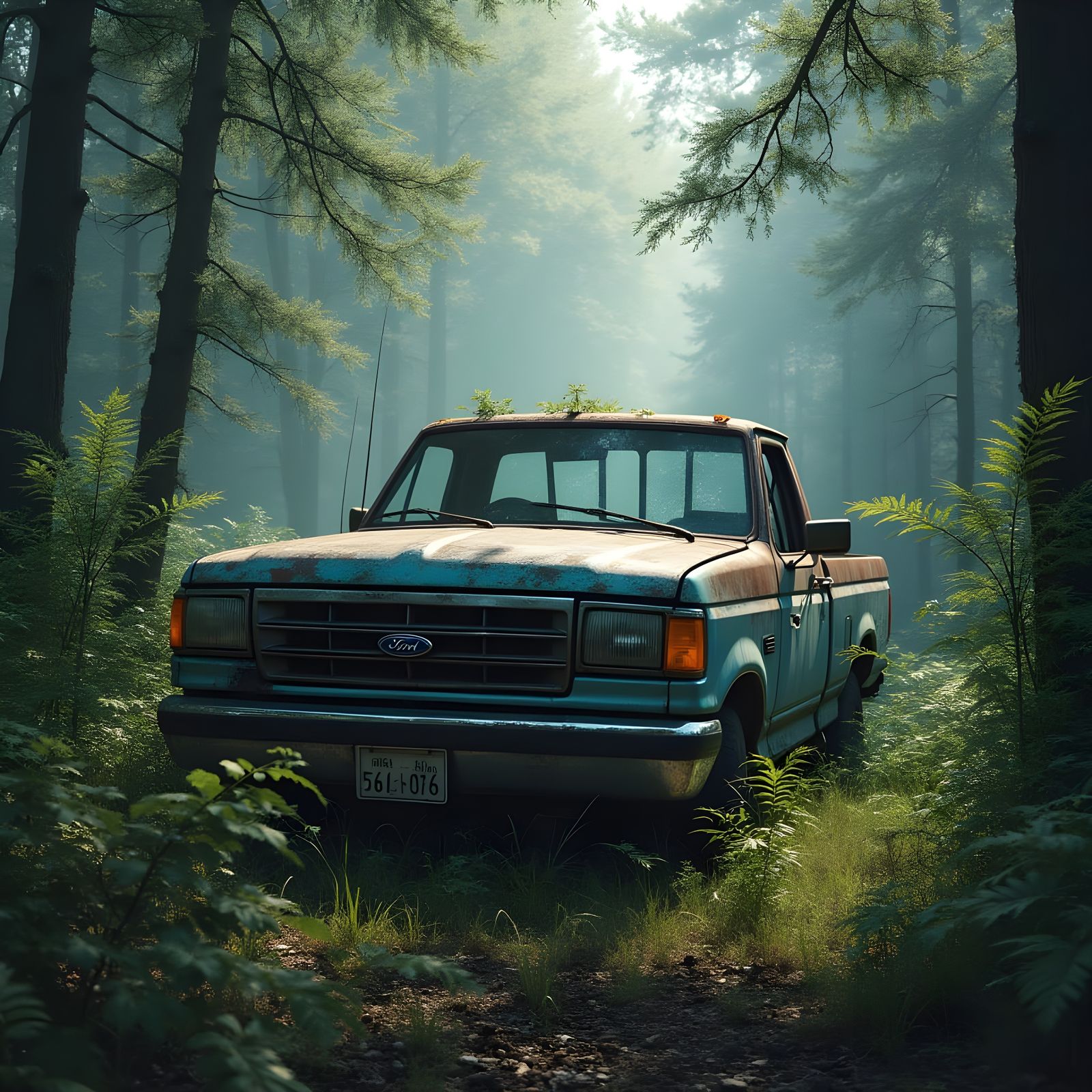 An old Ford f-150 rusting in the woods