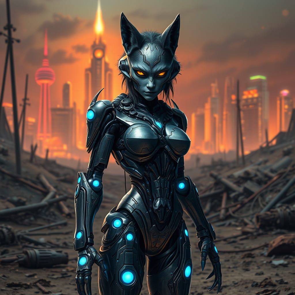Fierce Cyborg She-Wolf Stands Amidst Neon-Glit Was... - AI Art