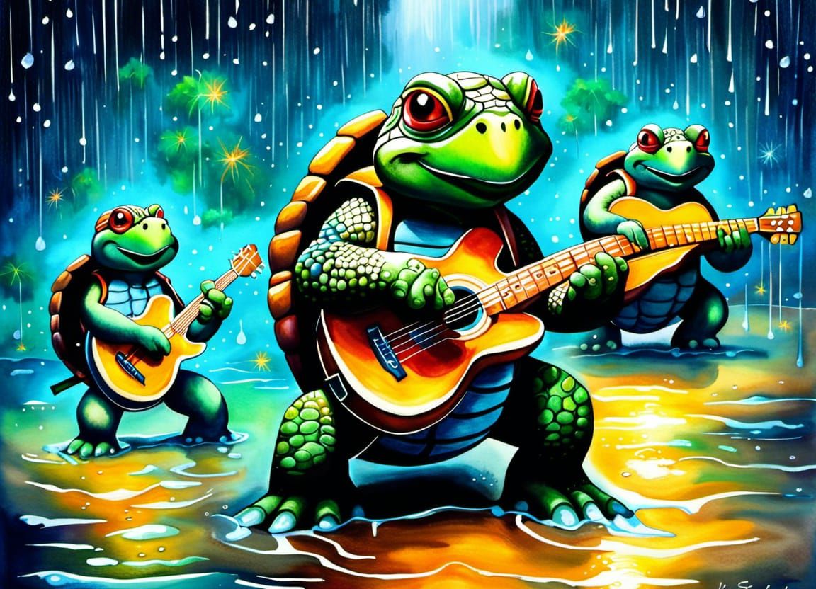 Turtles playing in the rain - AI Generated Artwork - NightCafe Creator