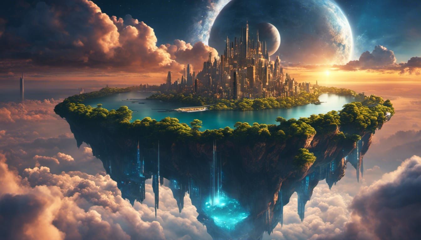 massive futuristic floating island city; above the earth in the clouds ...