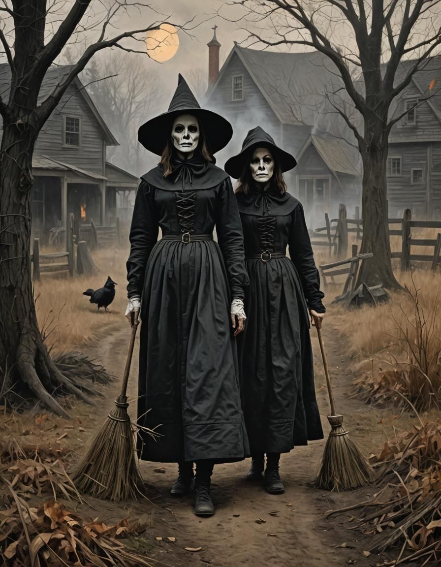 new-england salem spooky creepy puritan women with broom witchcraft ...