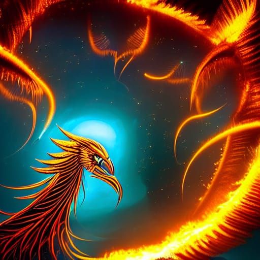 Biomechanical art. Long shot. A robotic phoenix rises from a lake of ...