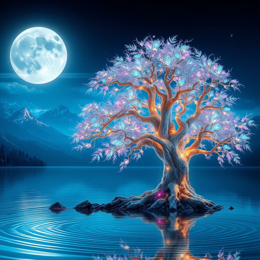 tree - Ethereal Hologram Tree Illuminates Moonlit Lake