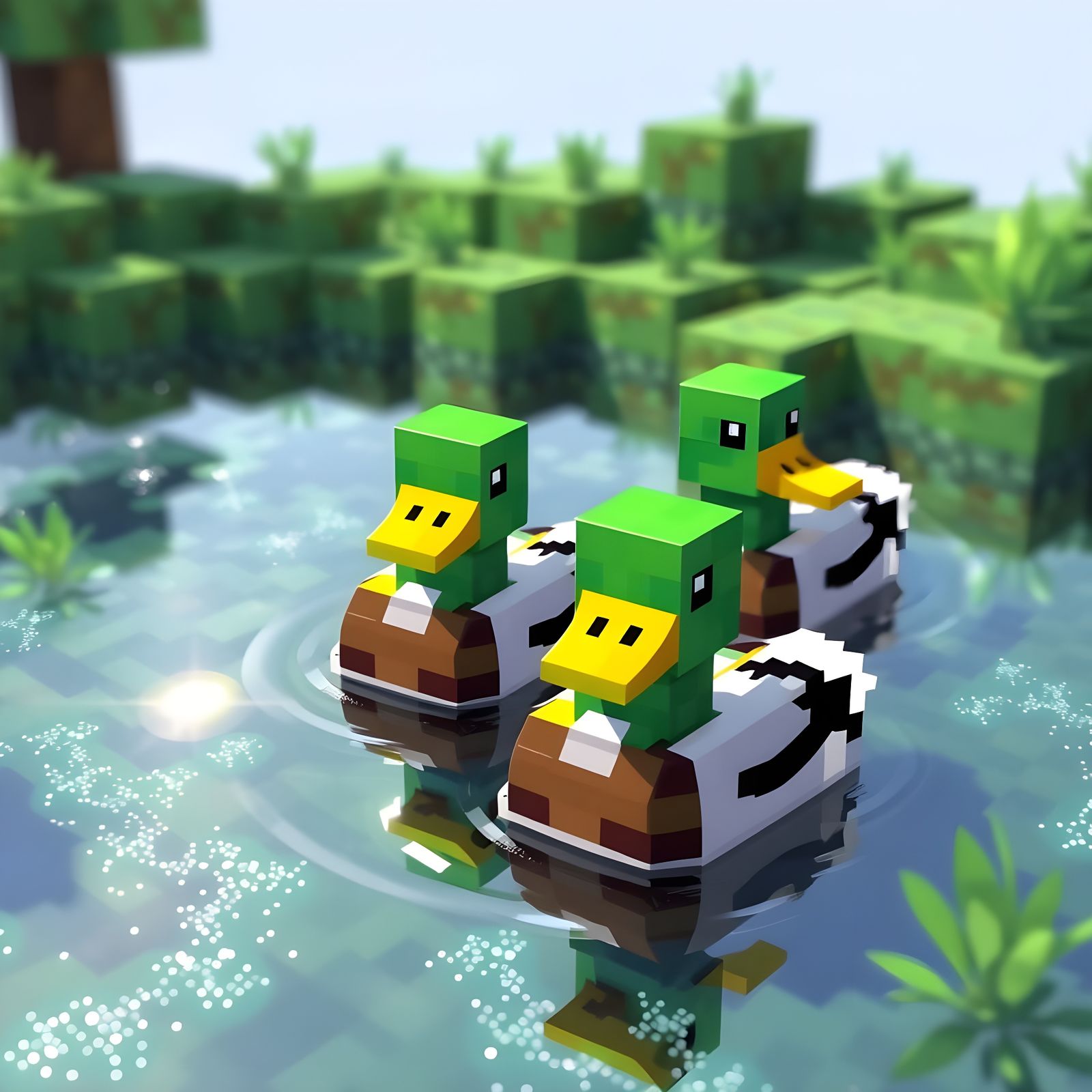 Blocky Mallard Ducks Swim in Crystal Pond, Minecra... - AI Art