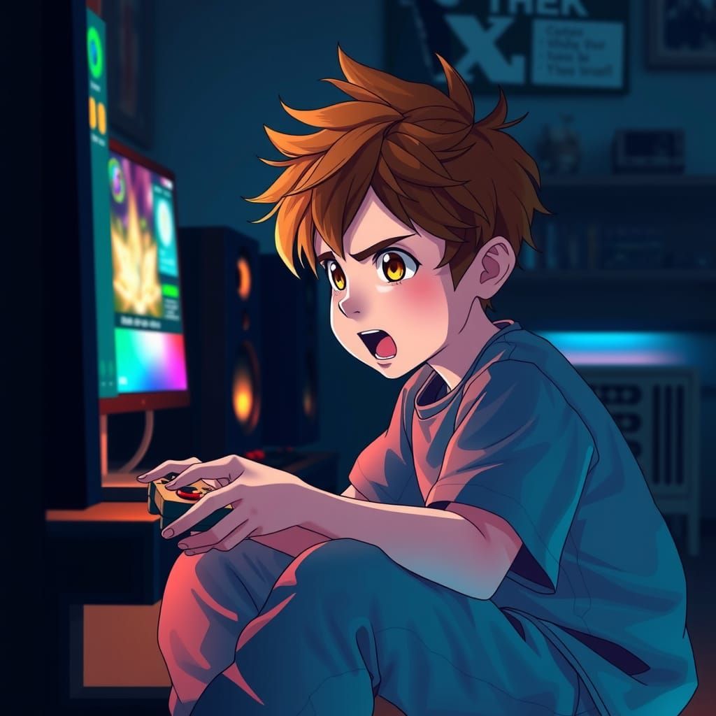Enthusiastic Gamer in Hyper-Detailed 3D Anime Styl... - AI Art