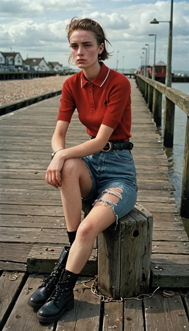 skinny Indie skinhead young girl with a deep expression, sitting on a ...