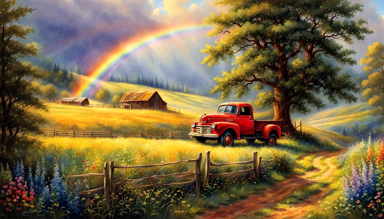 Thomas Kinkade: rainbow: meadow: luminous: vintage: truck: hyperrealism ...