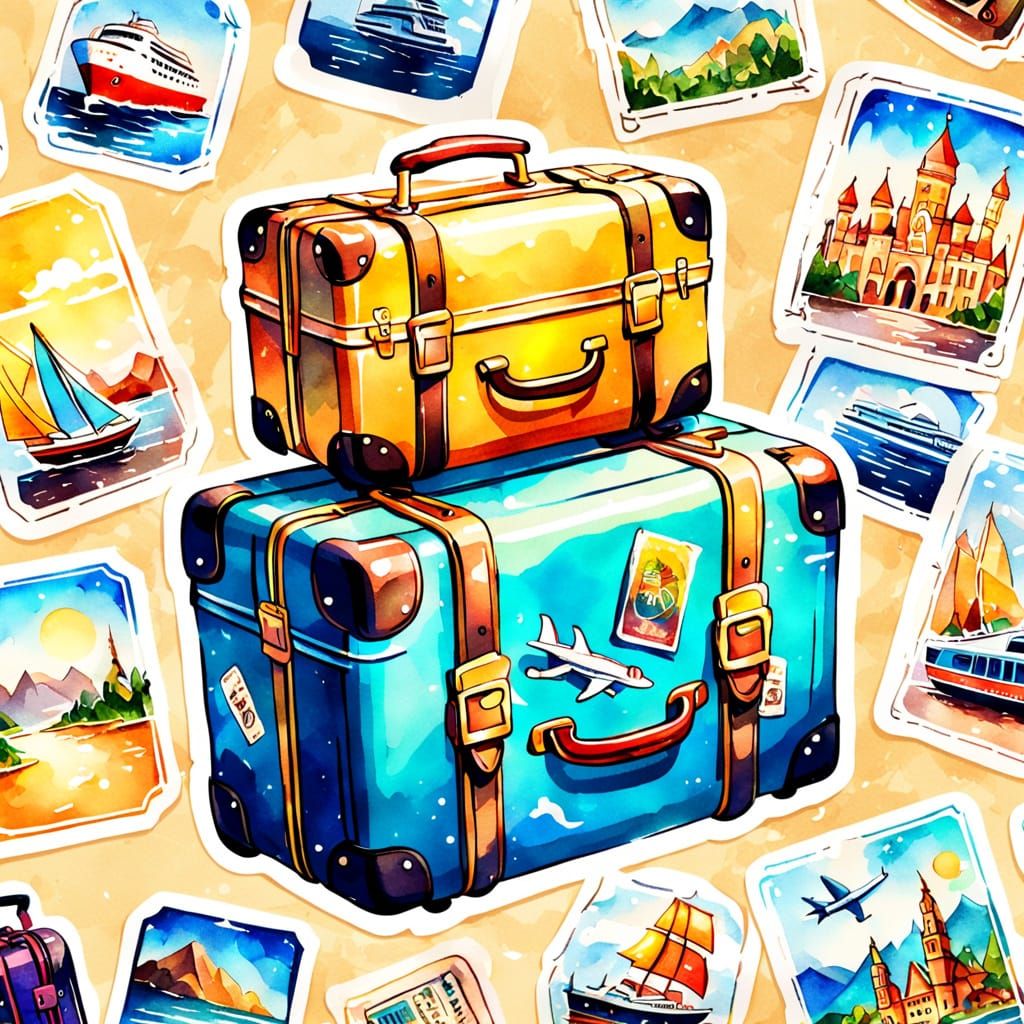 Watercolor Travel Stickers in Golden Light - AI Art