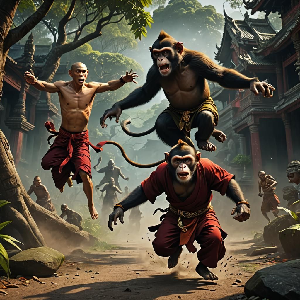 Angry monkey chasing frightened thai monk - AI Generated Artwork ...