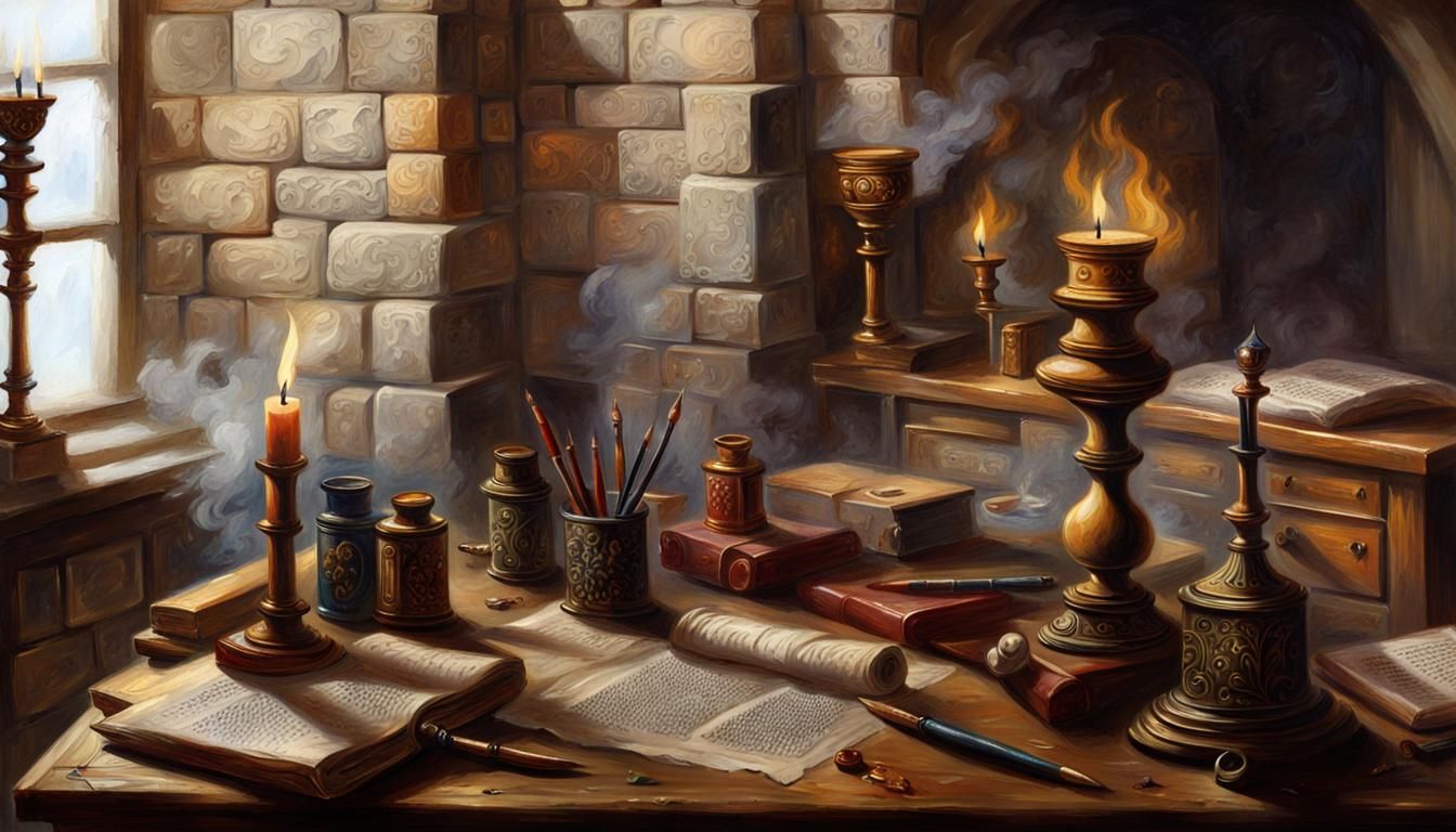 scriptorium, desks, quills, inkpots, parchment, medieval stonework ...