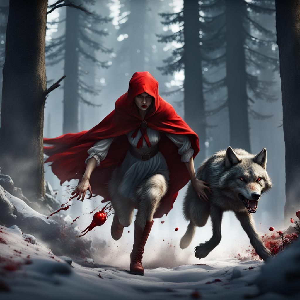 little red riding hood with a bloody arm being chased by a large wolf ...